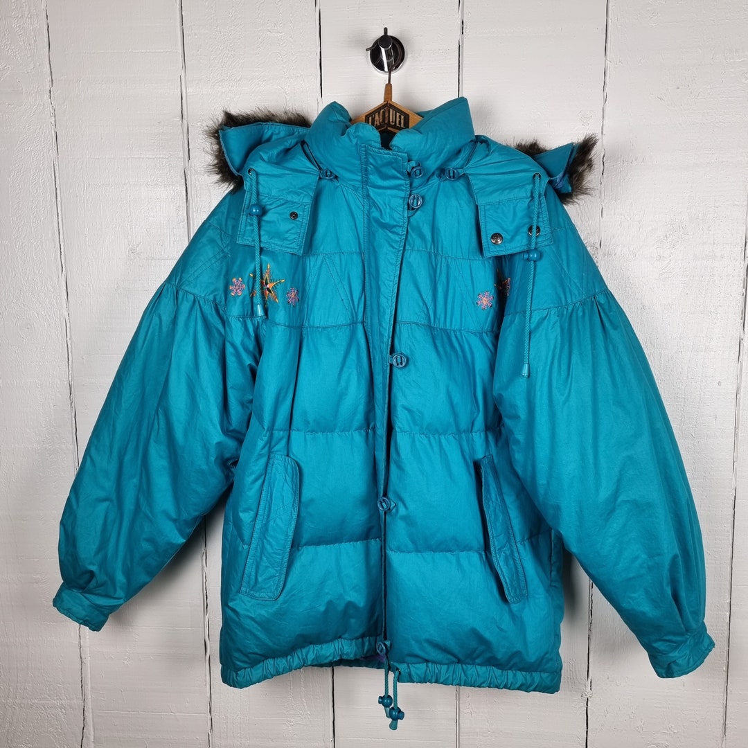 Vintage Puffer Jacket, Turquoise Blue Coat, 80's Ski Coat, Duck Feather ...
