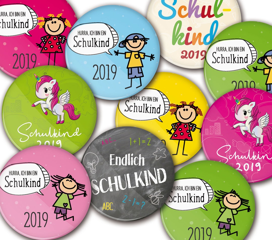 Schulanfang Button 2023 Anstecker als Geschenk für Schulkind Einschulung Ø 56 mm aus Metall ...