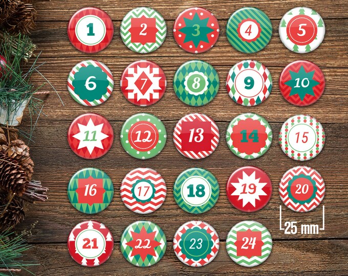 Adventskalender Zahlen Button Set mit Anstecknadeln in grün rot weiß ...