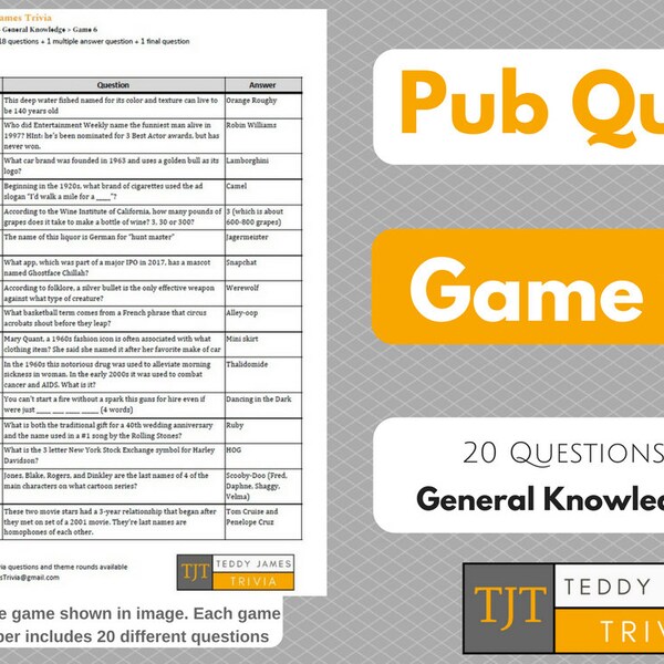 Trivia Questions for Pub Quiz Game 10 20 General Knowledge Questions ...