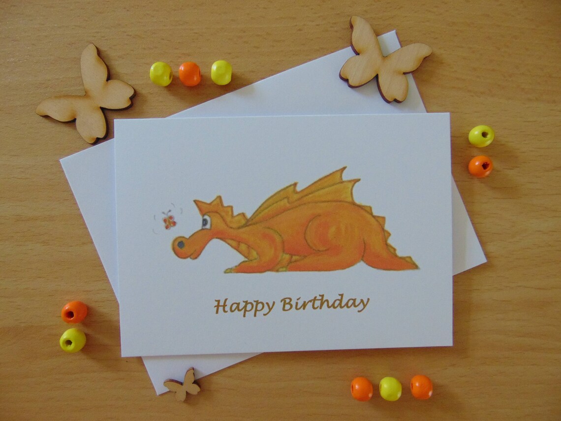 Orange Dragon Birthday Card. Cute Dragon. A6 Card. Happy Birthday ...