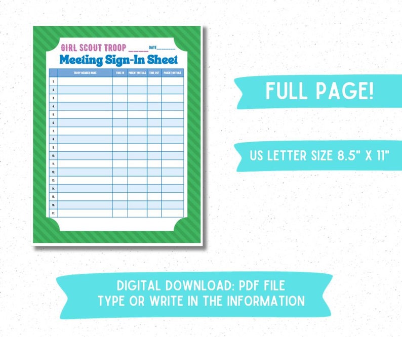 Girl Scouts Meeting Sign in Sheet, Daisy Girl Scouts, Printable Meeting ...