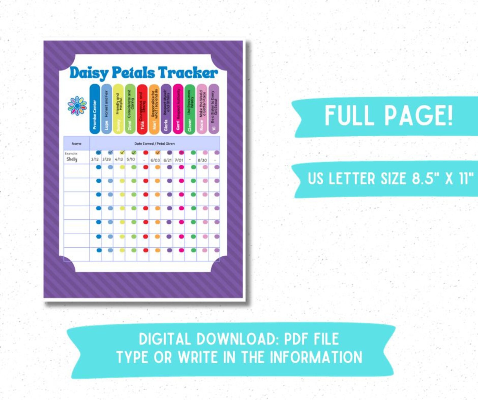 Girl Scouts Daisy Petal Chart, Printable Daisy Girl Scout, Daisy Petal ...