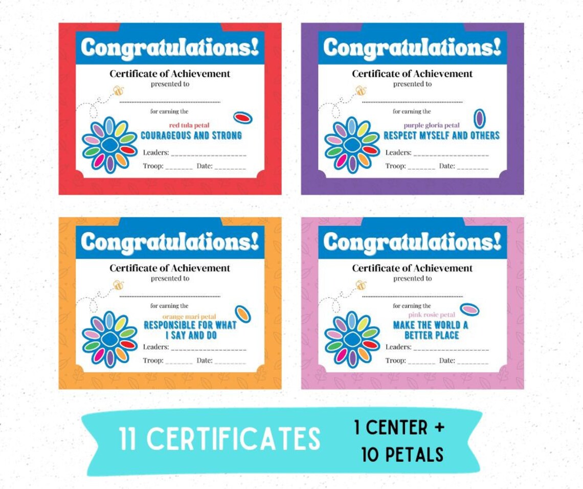 11 Girl Scouts Daisy Petal Certificates, Printable Daisy Girl Scout ...