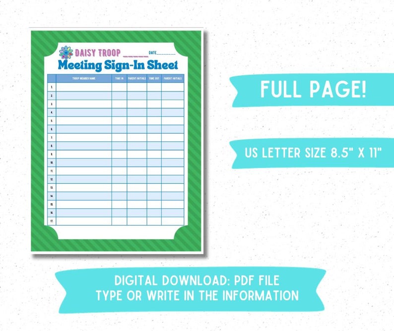 Girl Scouts Meeting Sign in Sheet, Daisy Girl Scouts, Printable Meeting ...