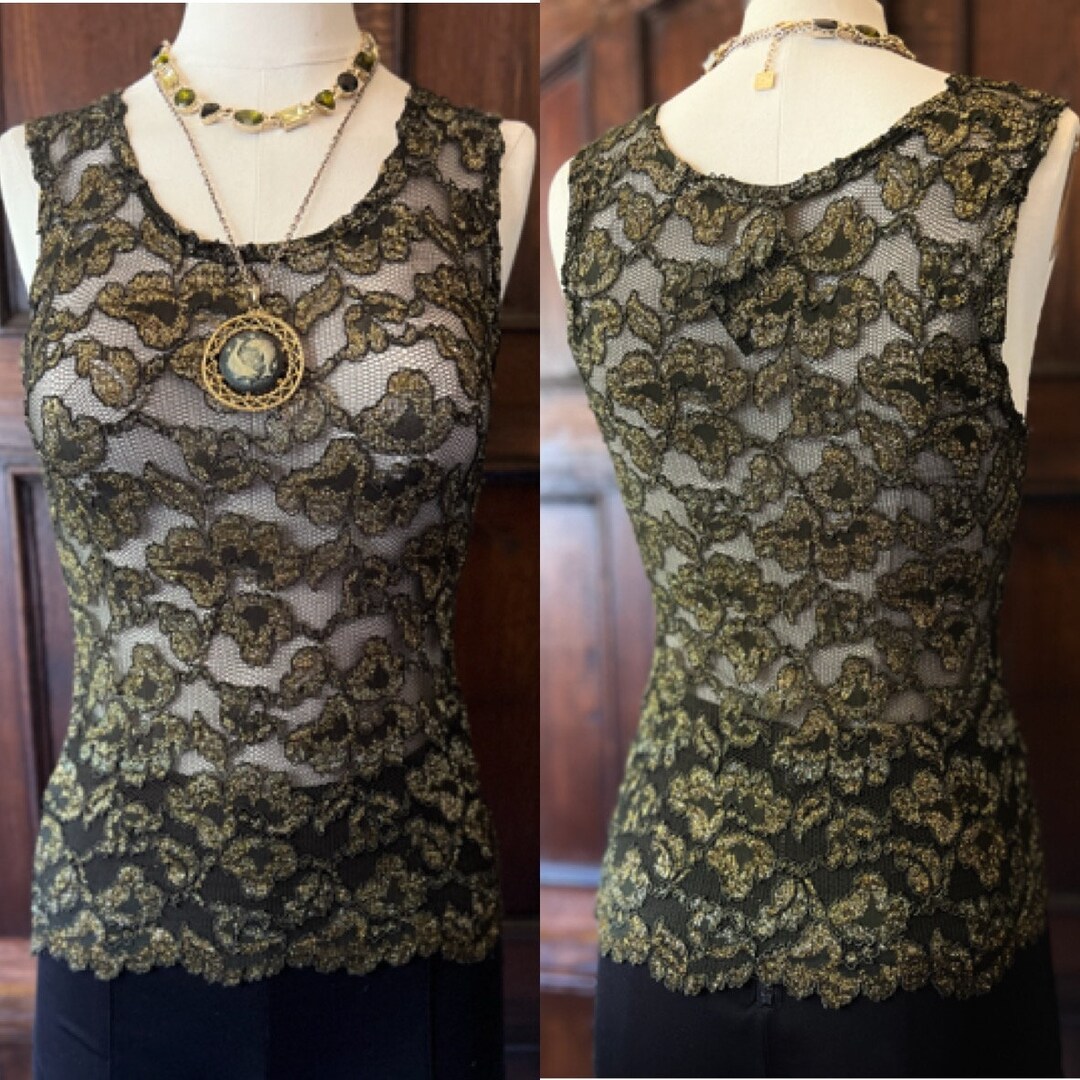 1990s nap Gold and Black Lace Stretchy Tank Top - Etsy