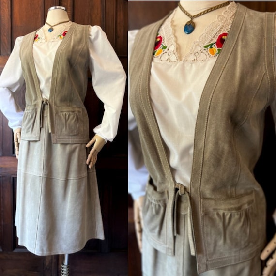 1970s Two Piece Suede Beige Vest and Skirt Set Size S… - Gem