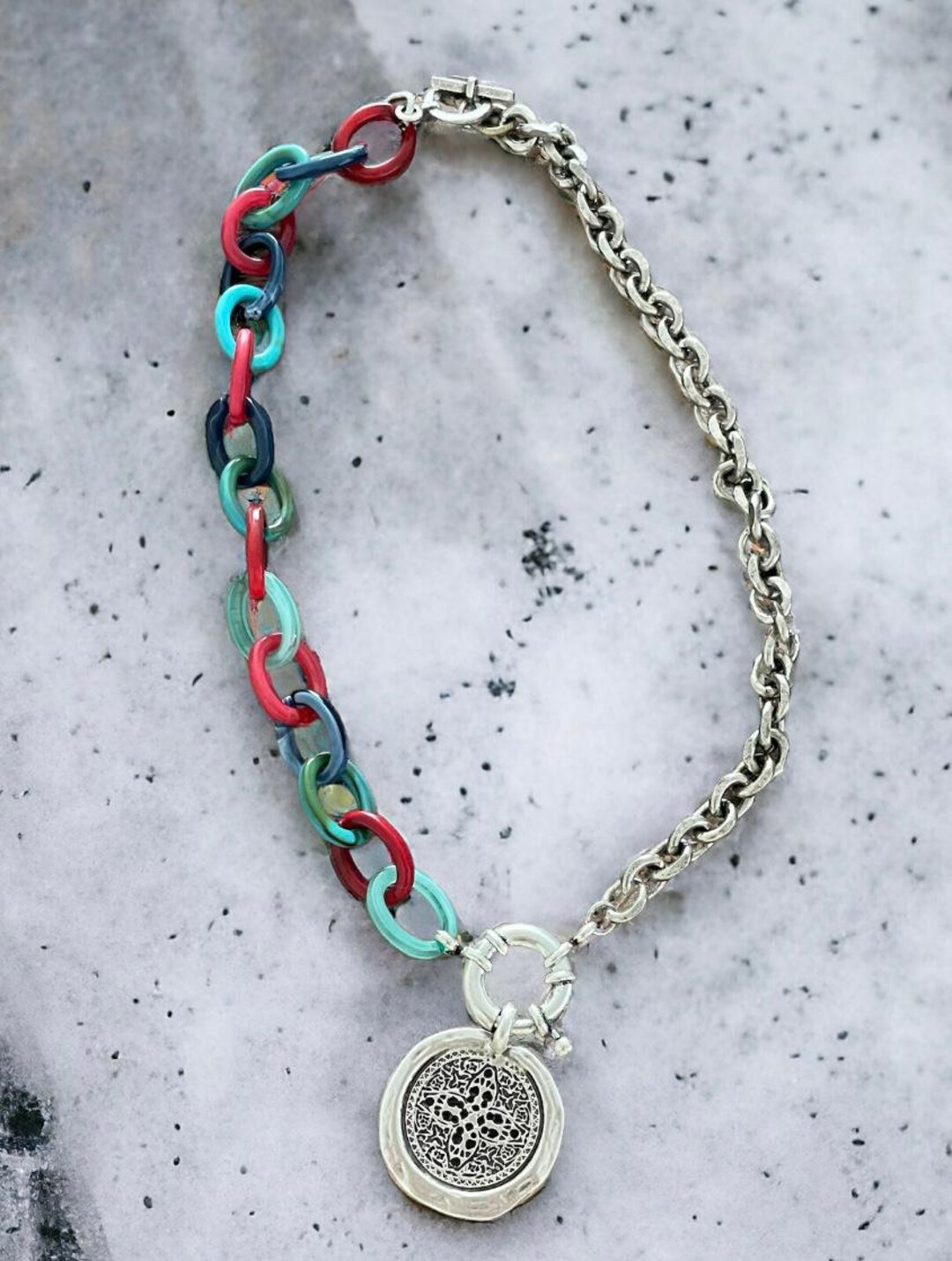 Colorful Links and Silver Chain Necklace With Zamak Pendant - Etsy