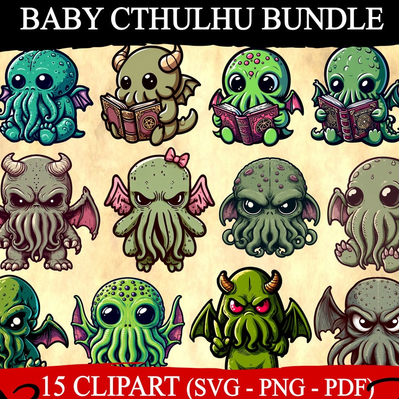 Cute Cthulhu SVG PNG PDF Bundle for Stickers, Baby Kraken Cthulhu ...