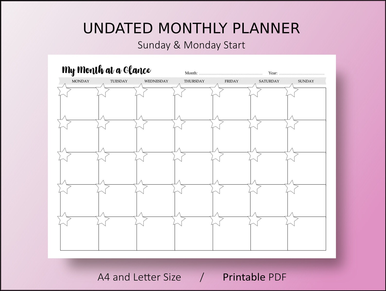 Printable Monthly Calendar Planner PDF Template A4 & Letter Size ...