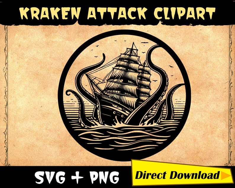 KRAKEN Attacks Ship Clipart Vector Cthulhu Svg, Octopus Tentacles Svg ...