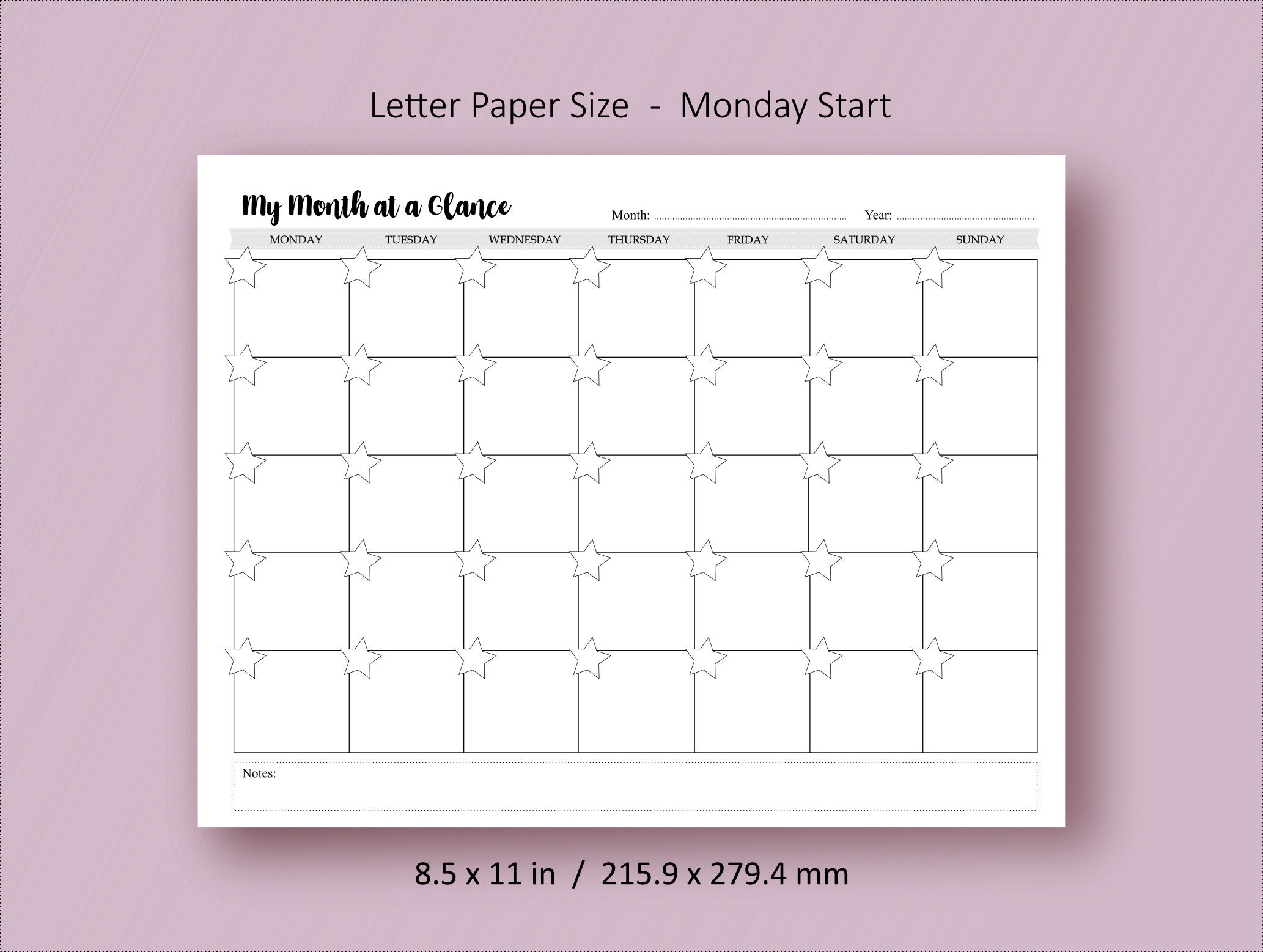 Printable Monthly Calendar Planner PDF Template A4 & Letter Size ...