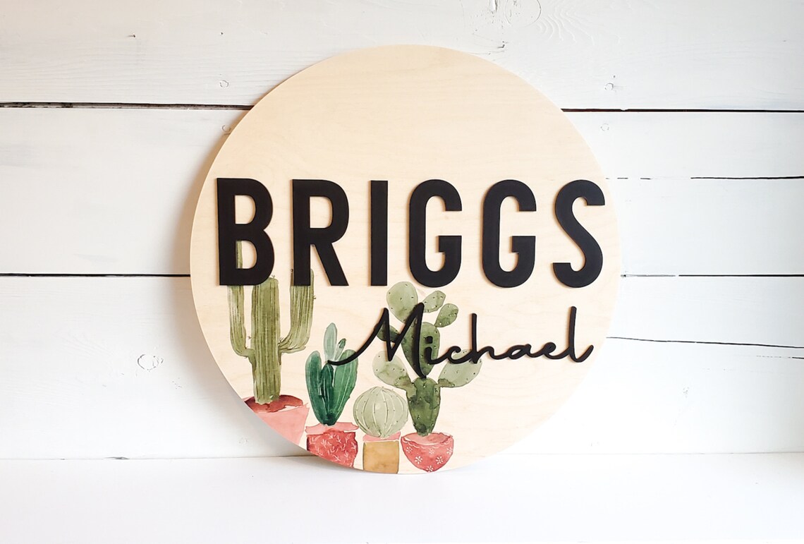 Cactus Name Sign Boho Nursery Name Sign for Boy Round Name | Etsy