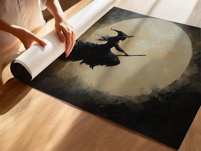 Witch Decor, Halloween Wall Art, Witch Flying Print, Vintage Oil ...