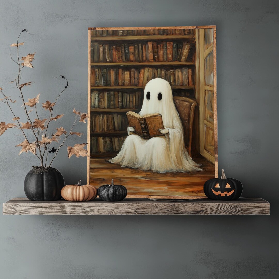 Cute Ghost in Library, Ghost Painting, Ghost Reading, Halloween Wall ...