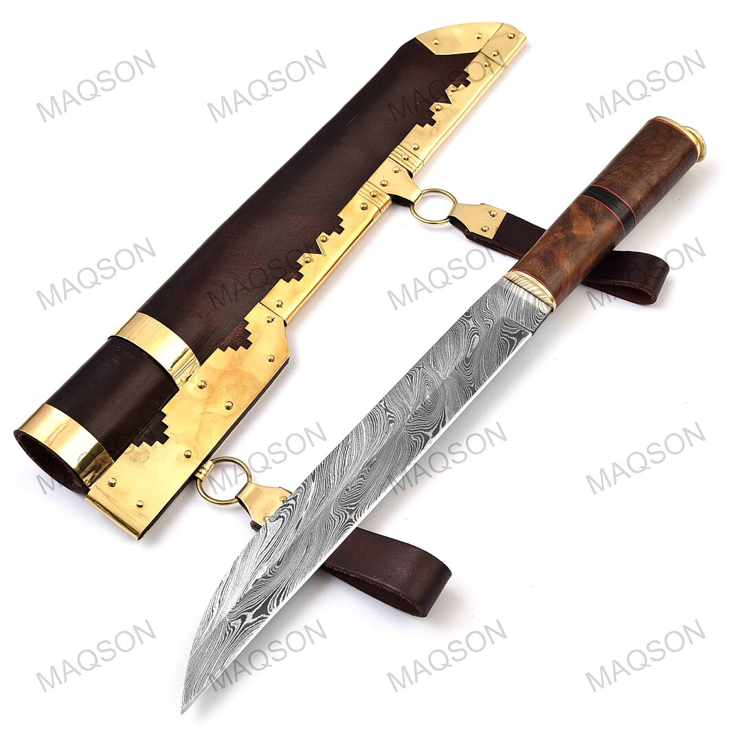Medieval Work Knife Celtic Viking Hardwood Damascus Leather Sheath Sax ...