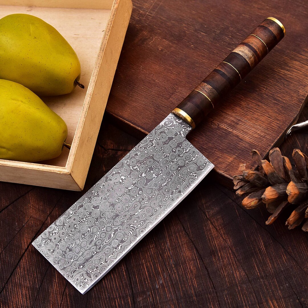 Damascus Steel Chef Chopping Hatchet Blade Hack Kitchen Knife With WOOD ...