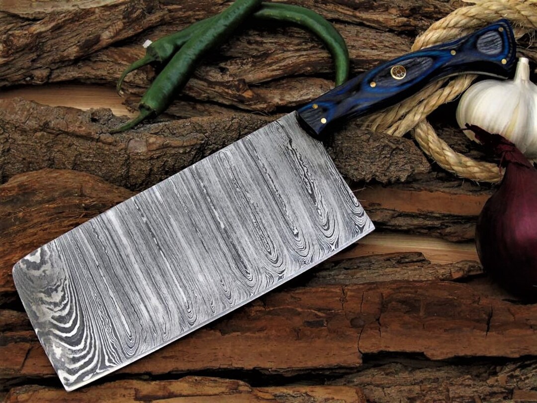 Damascus Steel Chef Chopping Hatchet Blade Hack Kitchen Knife With WOOD ...