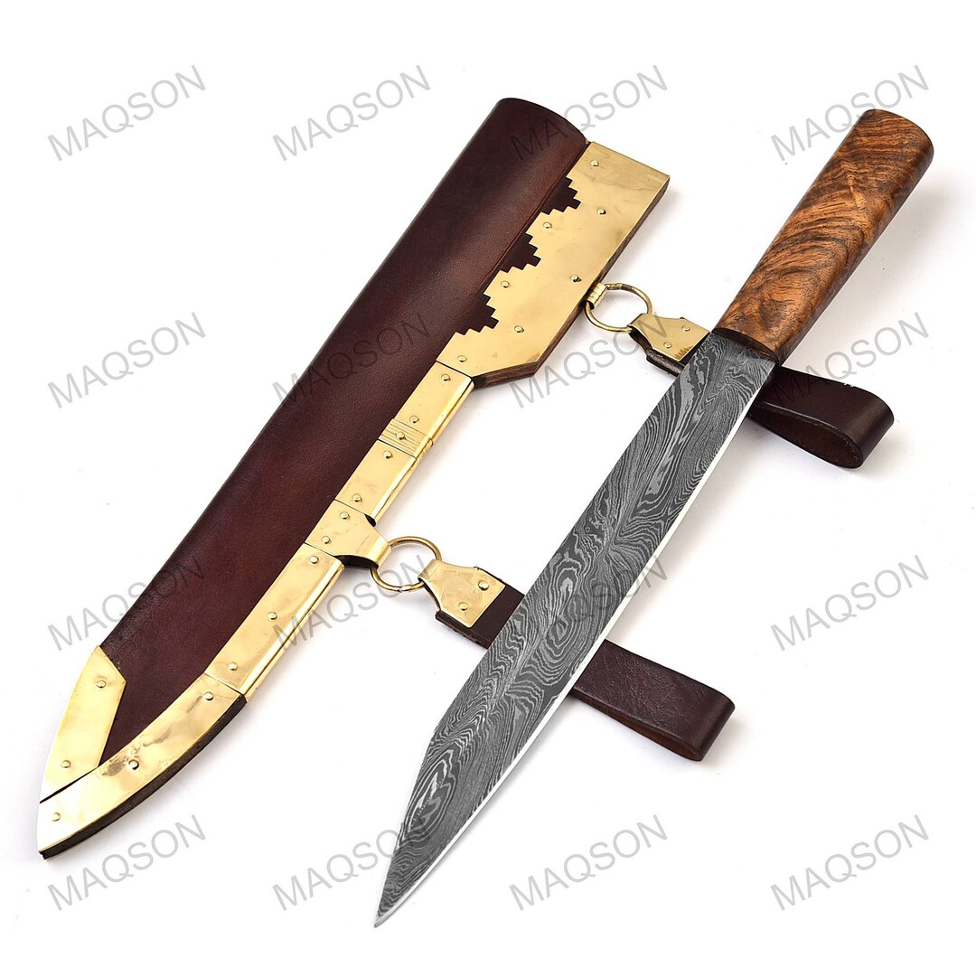 Medieval Work Knife Celtic Viking Hardwood Damascus Leather Sheath Sax ...