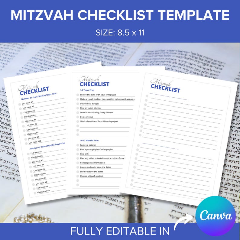 Editable Mitzvah Checklist Canva Digital Template, Custom Bar/bat ...