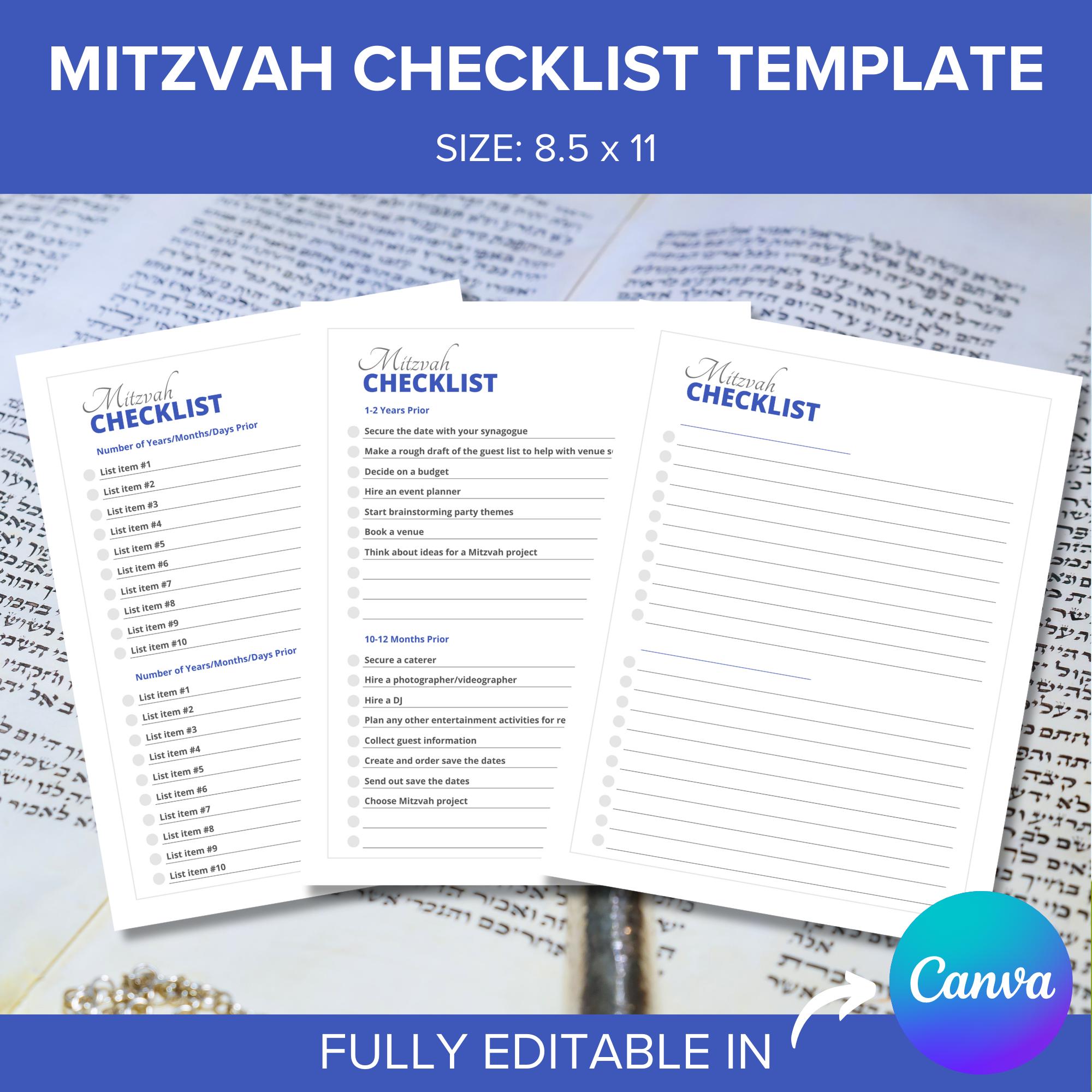 Editable Mitzvah Checklist Canva Digital Template, Custom Bar/bat ...