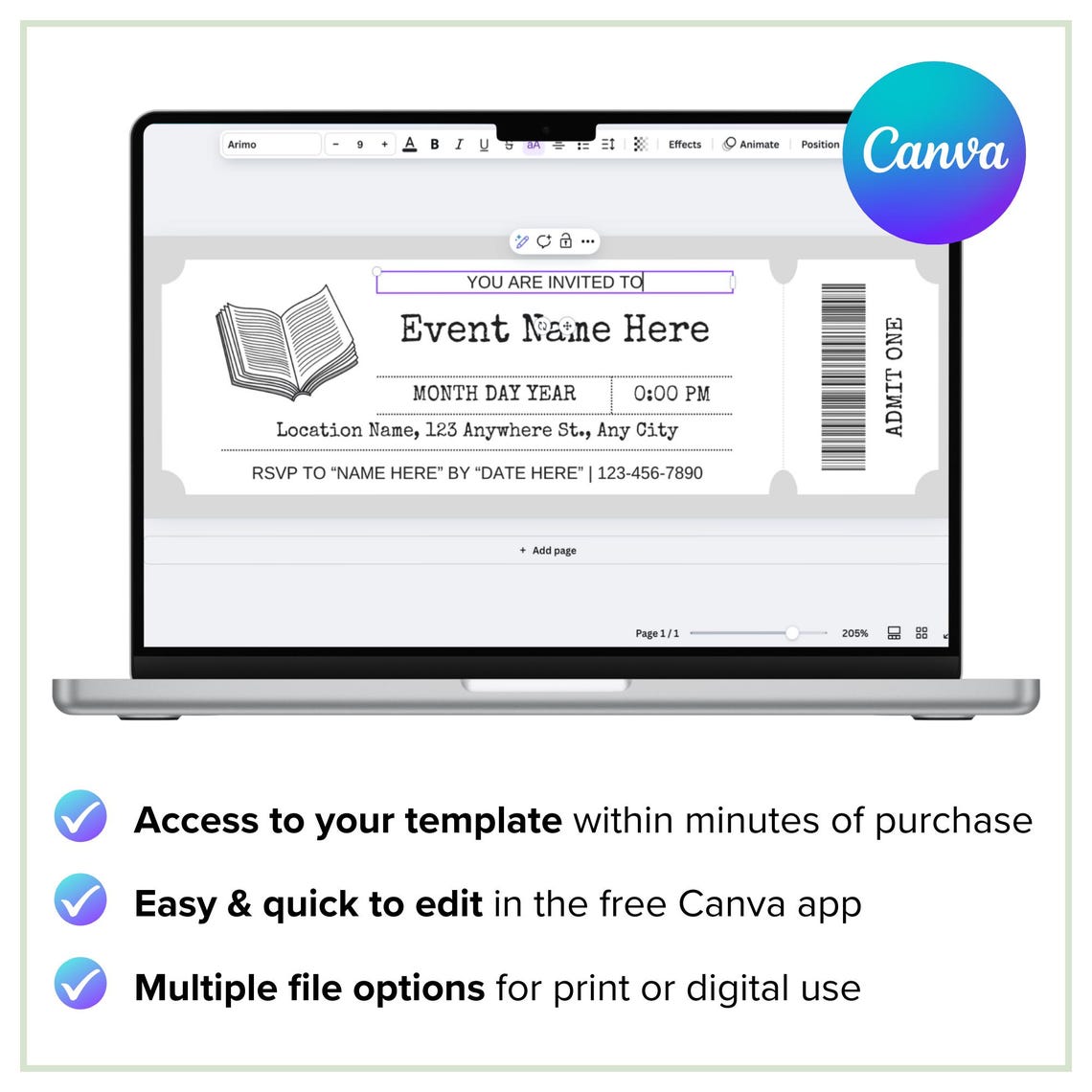 Book-themed Event Ticket Template, Editable Bookmark Ticket for ...