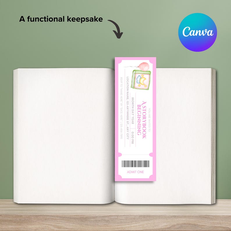 Book-themed Event Ticket Template, Editable Bookmark Ticket for ...