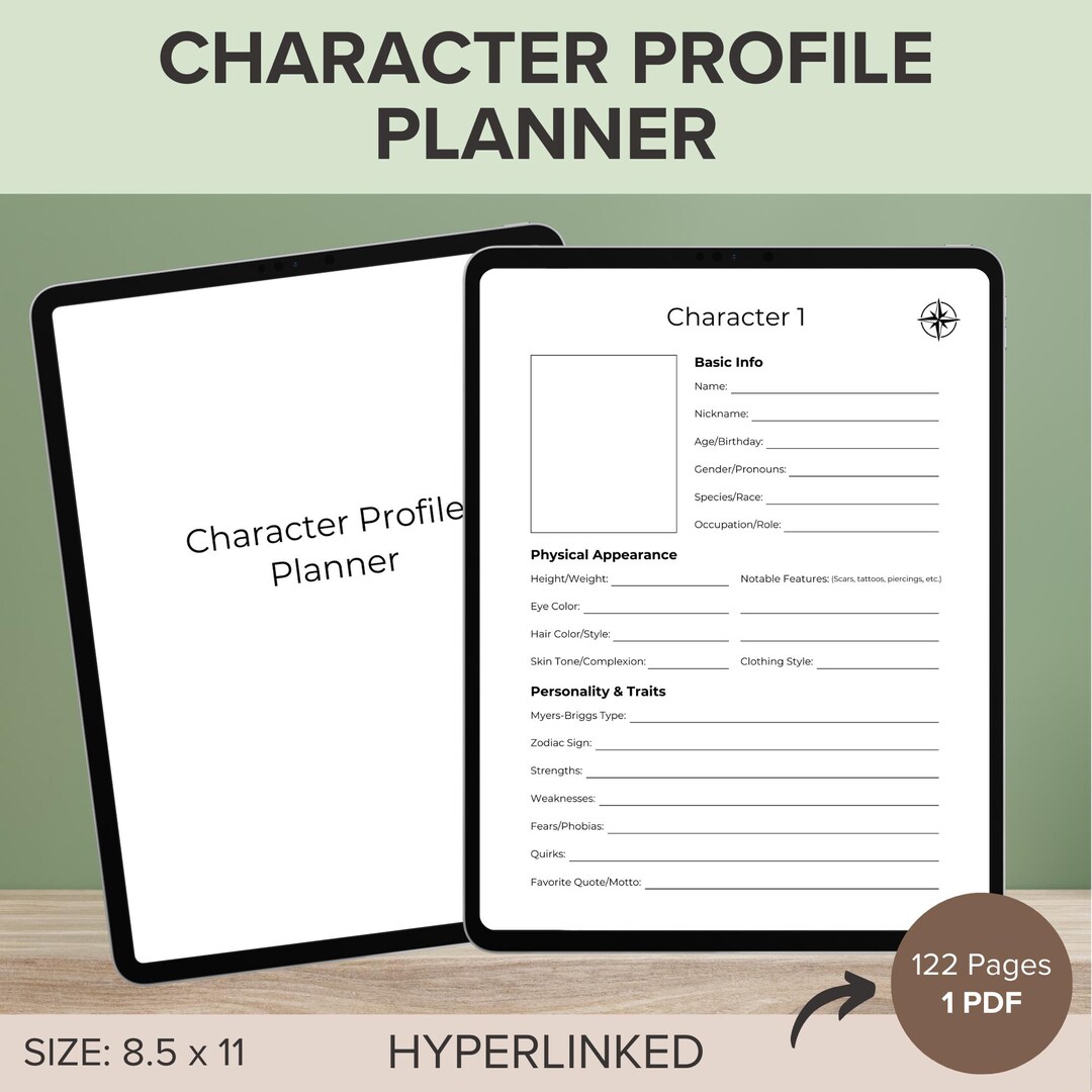Digital Character Profile Planner, Hyperlinked PDF for Writers ...