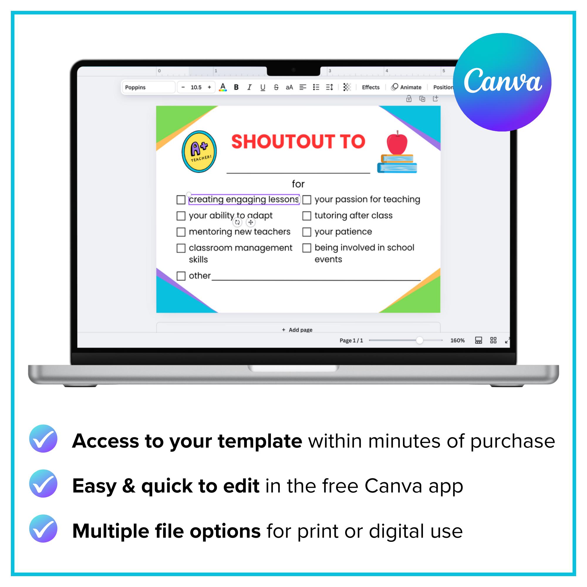 Editable Teacher Shoutout Canva Digital Template, Custom Staff Shoutout ...