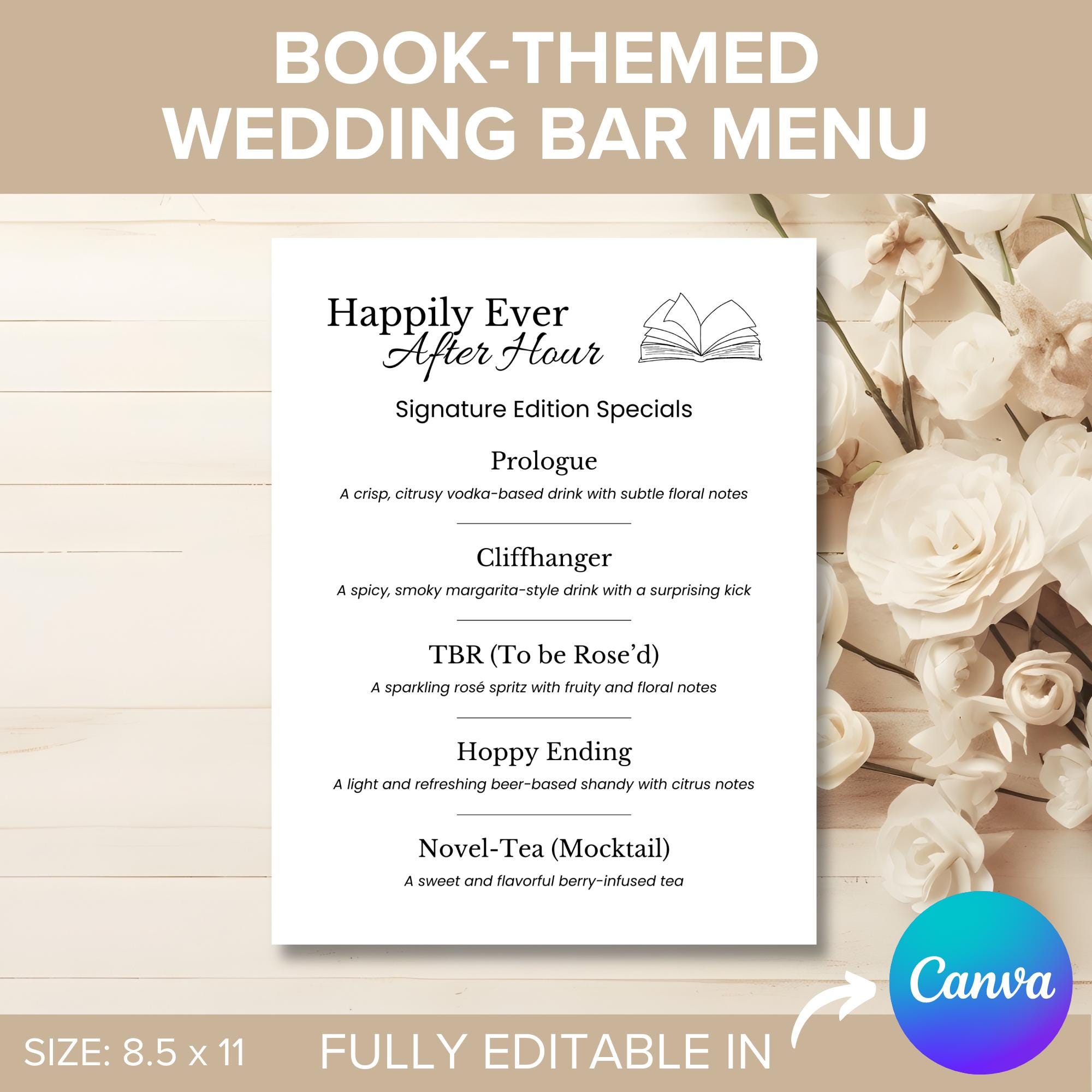Book-themed Wedding Bar Menu Canva Template, Editable Drink Menu ...