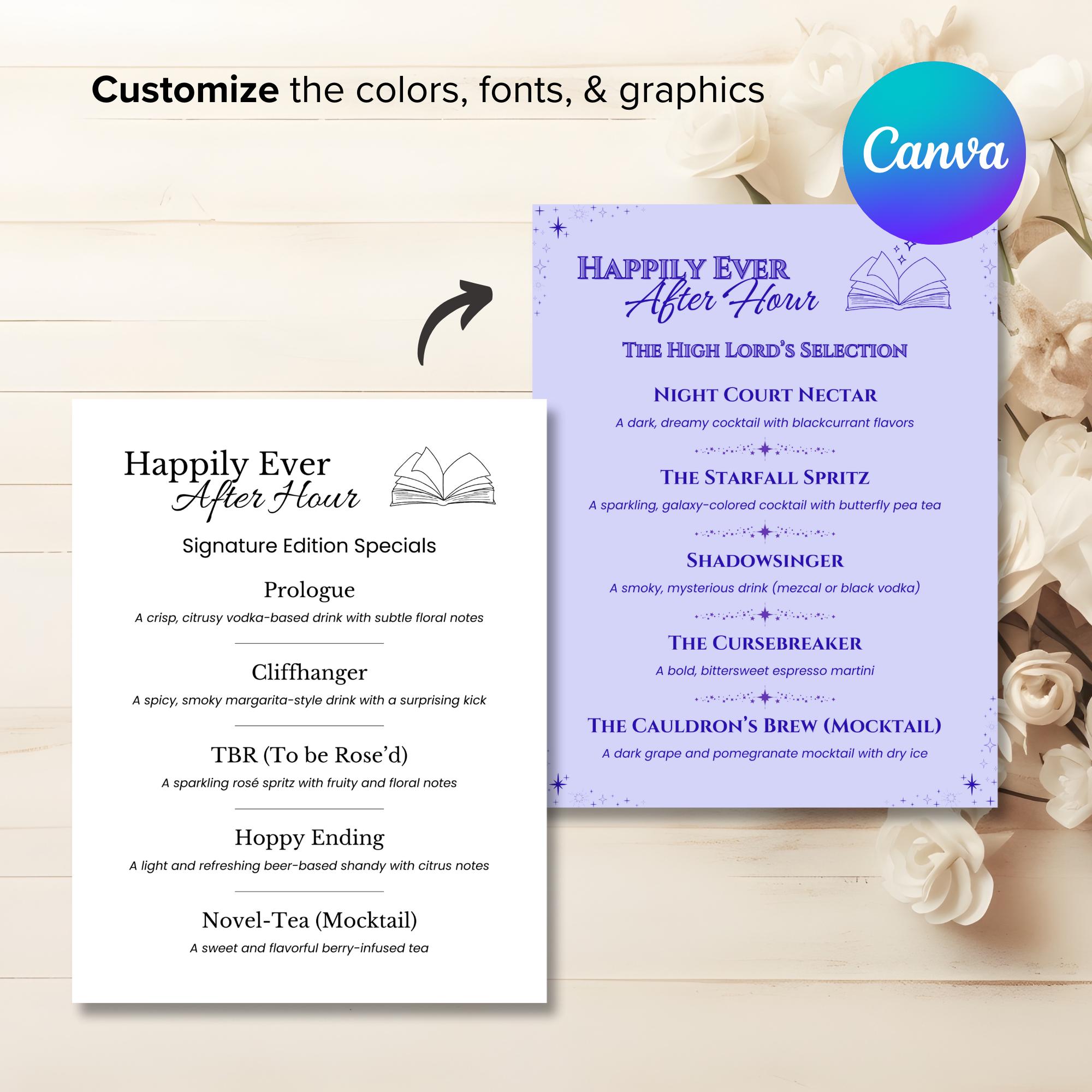 Book-themed Wedding Bar Menu Canva Template, Editable Drink Menu ...