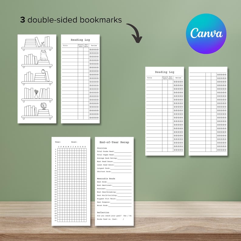 Printable & Customizable Bookmark Bundle Set, Reading Log Bookshelf ...
