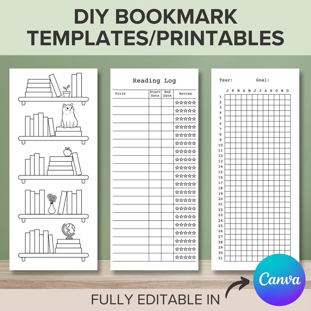 Printable & Customizable Bookmark Bundle Set, Reading Log Bookshelf ...