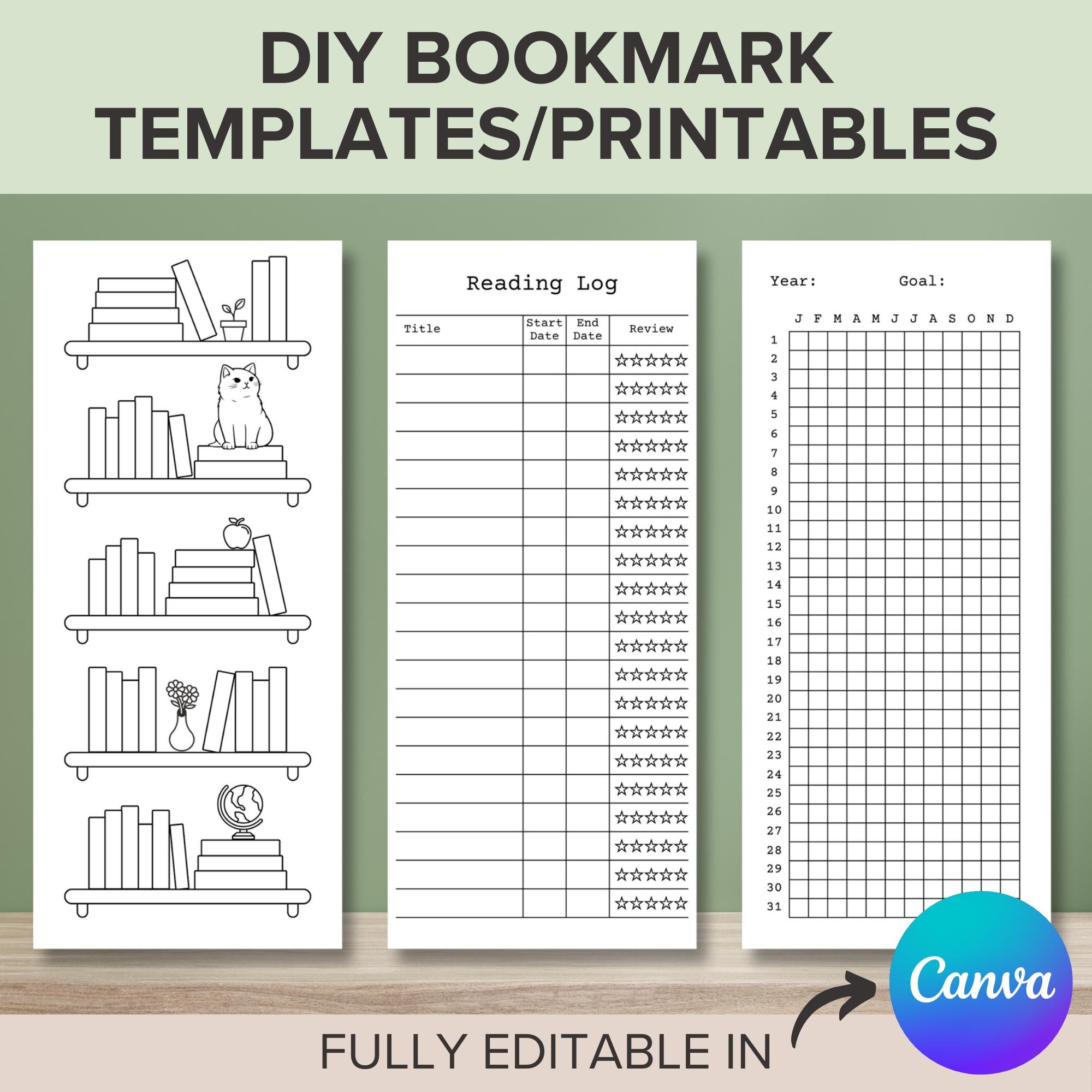 Printable & Customizable Bookmark Bundle Set, Reading Log Bookshelf ...