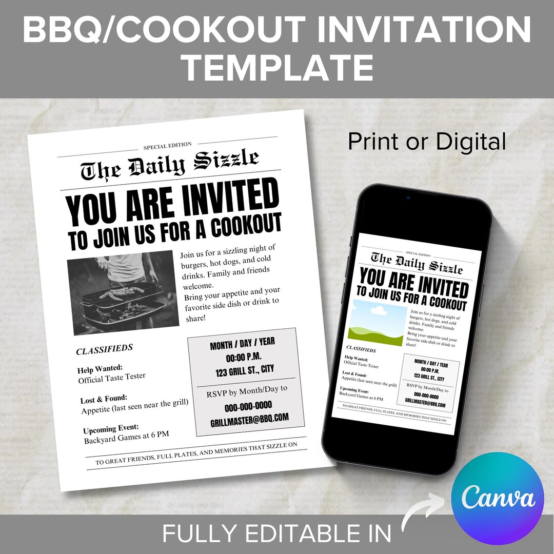 Bbq/cookout Newspaper Invitation Canva Template, Editable Backyard BBQ ...