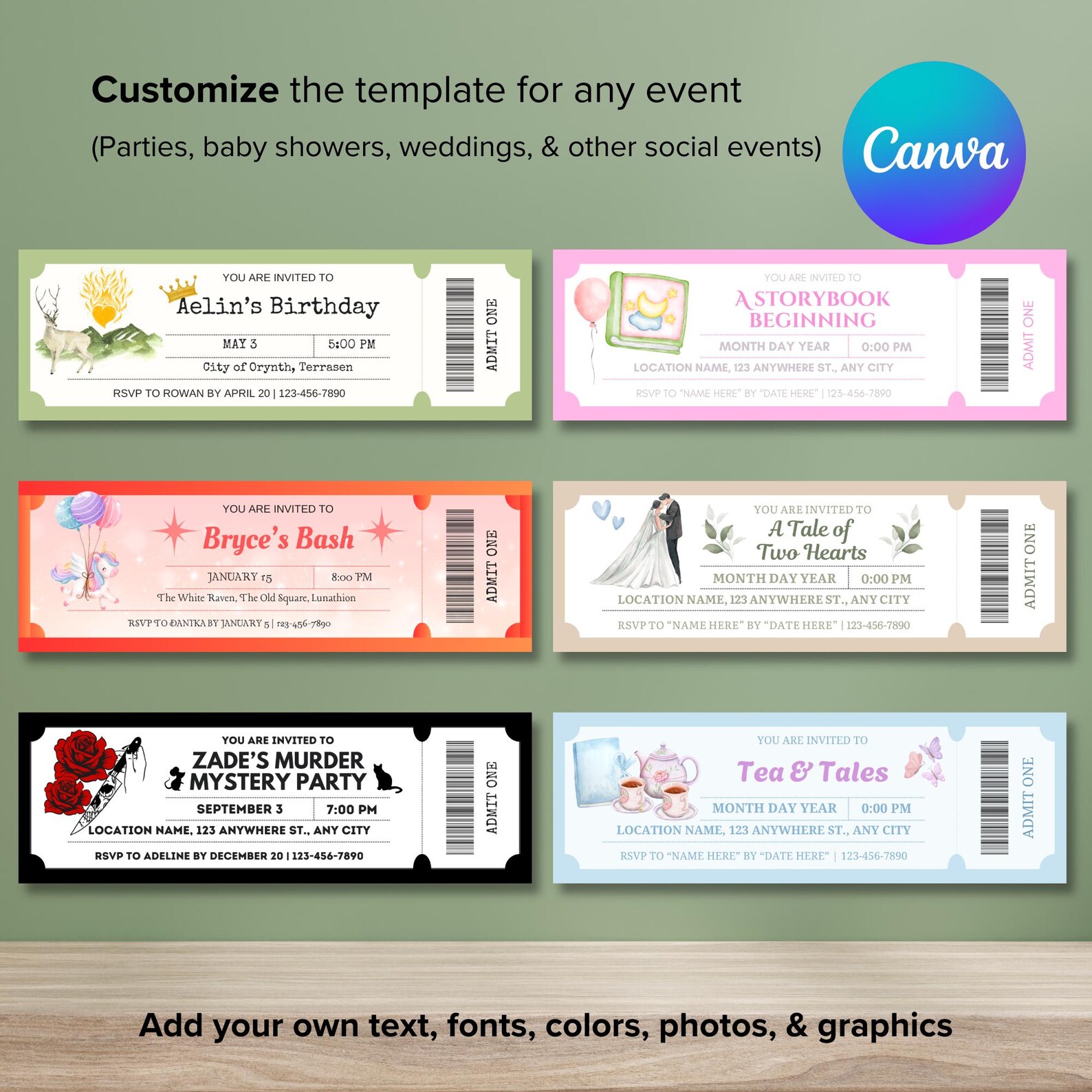 Book-themed Event Ticket Template, Editable Bookmark Ticket for ...