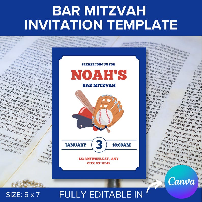 Editable Bar Mitzvah Invitation Canva Digital Template, Printable ...