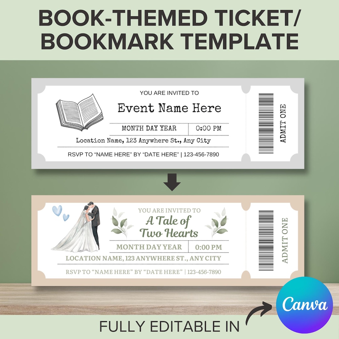 Book-themed Event Ticket Template, Editable Bookmark Ticket for ...