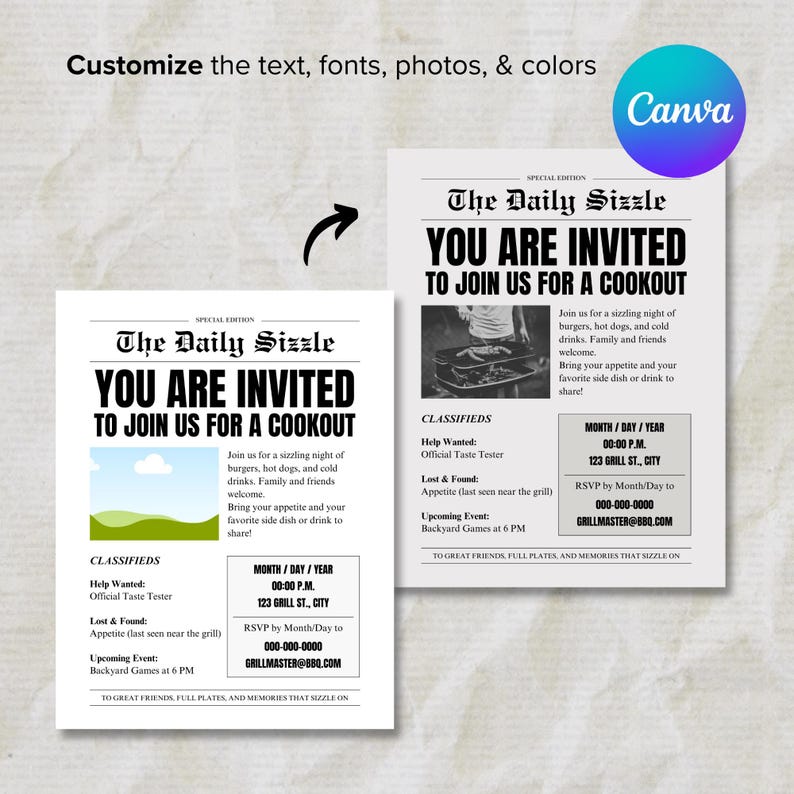 Bbq/cookout Newspaper Invitation Canva Template, Editable Backyard BBQ ...