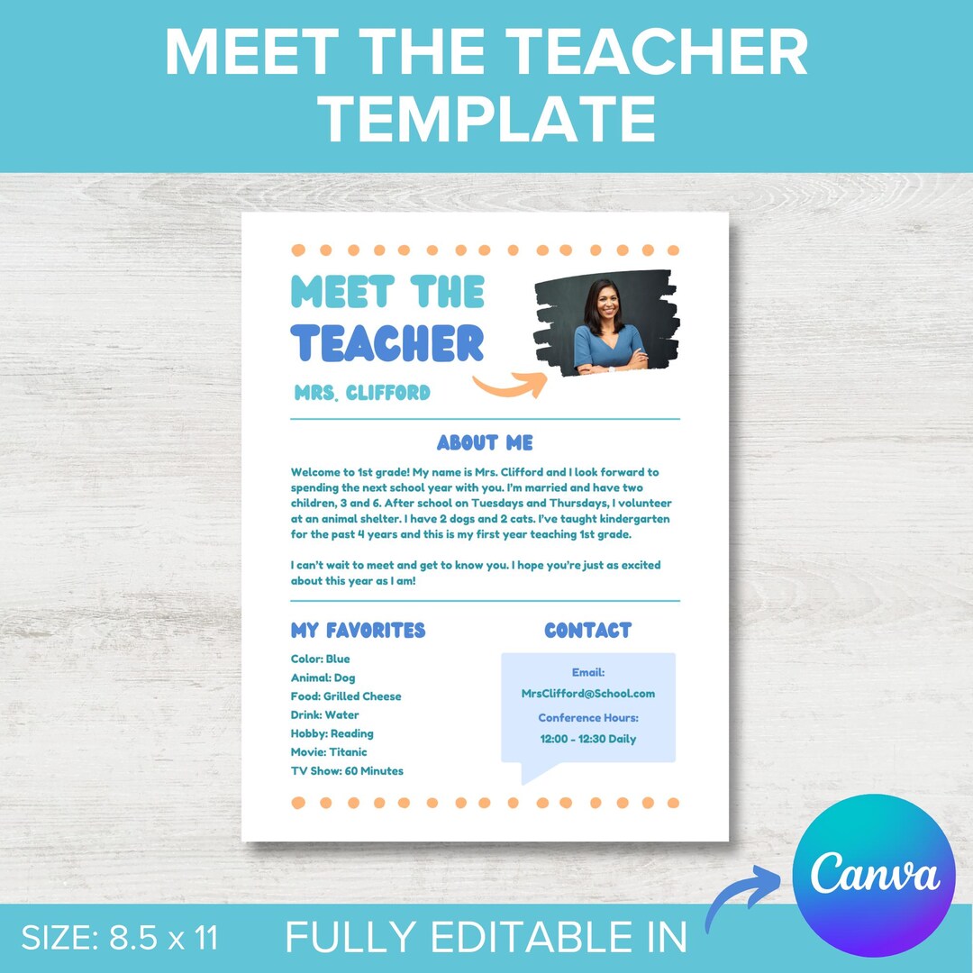 Meet the Teacher Canva Digital Template, Custom Meet Your Teacher, Back ...