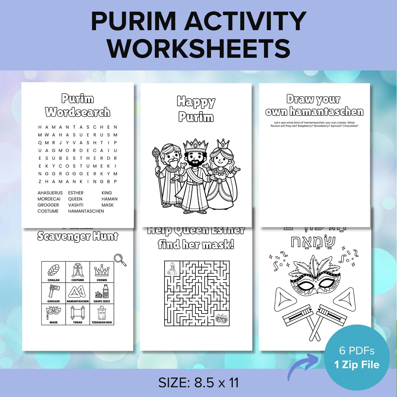 Purim Activity Worksheets for Classroom, Children's Purim Coloring ...