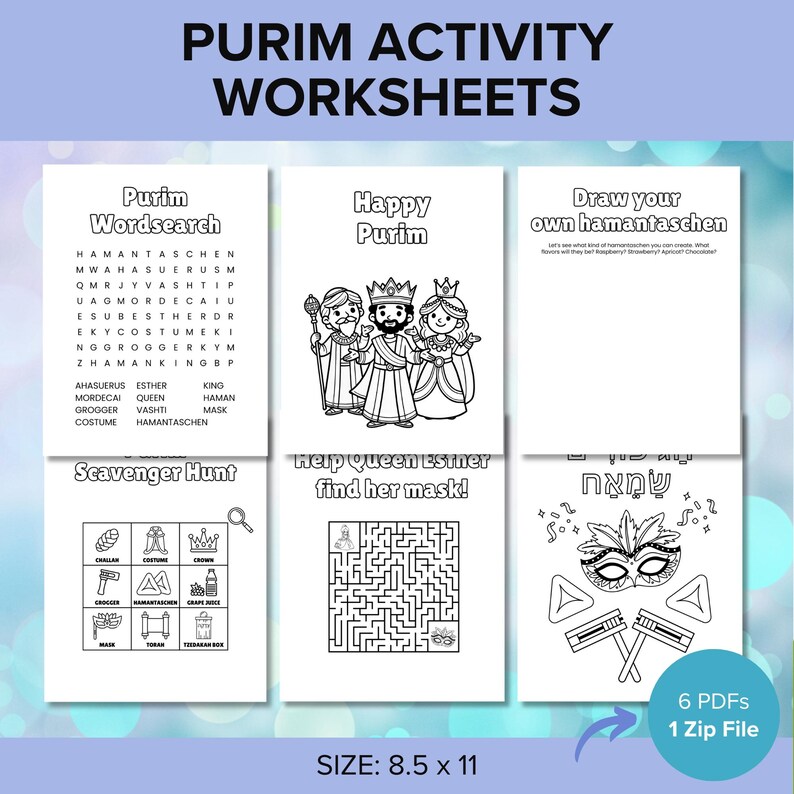 Purim Activity Worksheets for Classroom, Children's Purim Coloring ...