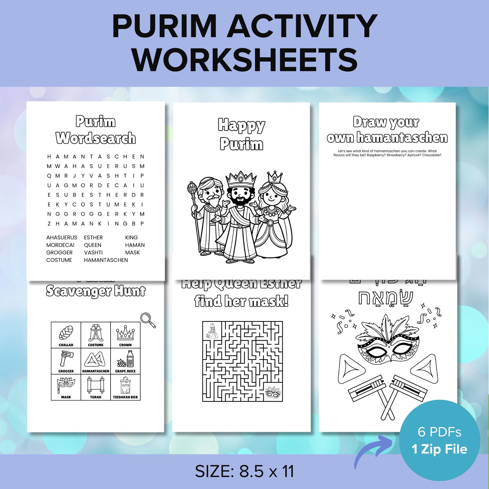 Purim Activity Worksheets for Classroom, Children's Purim Coloring ...