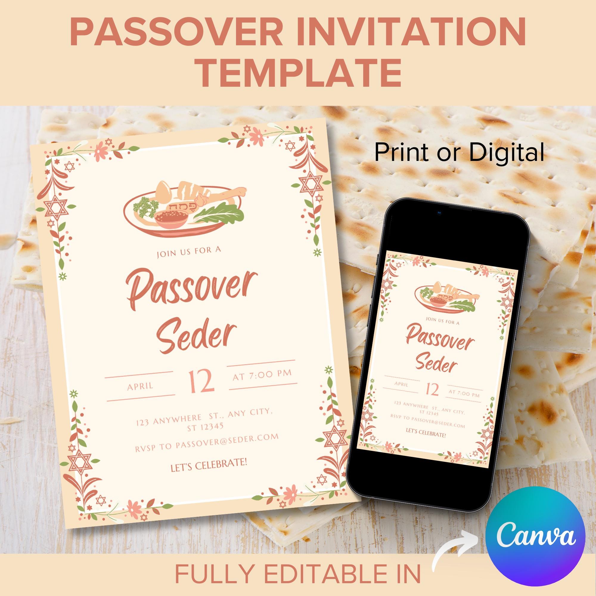 Editable Canva Passover Invitation & Flyer, Printable Seder Dinner ...
