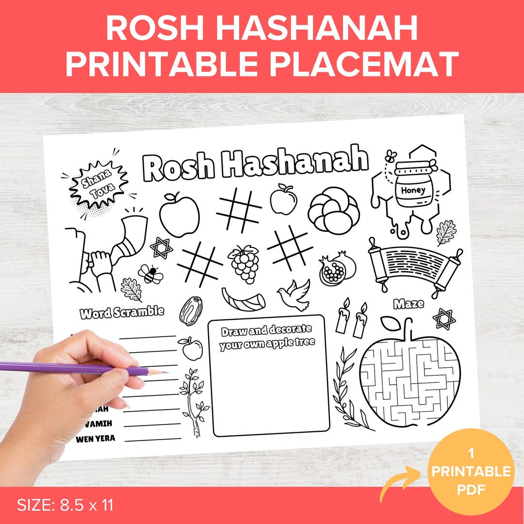 Jewish Rosh Hashanah Printable Placemat for Kids | Coloring, Tic Tac ...