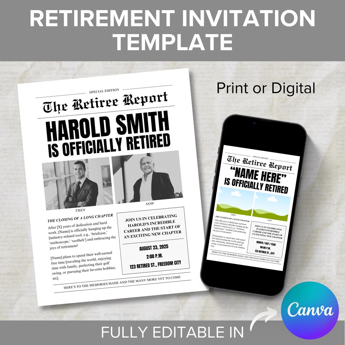 Retirement Party Newspaper Invitation Canva Template, Editable ...