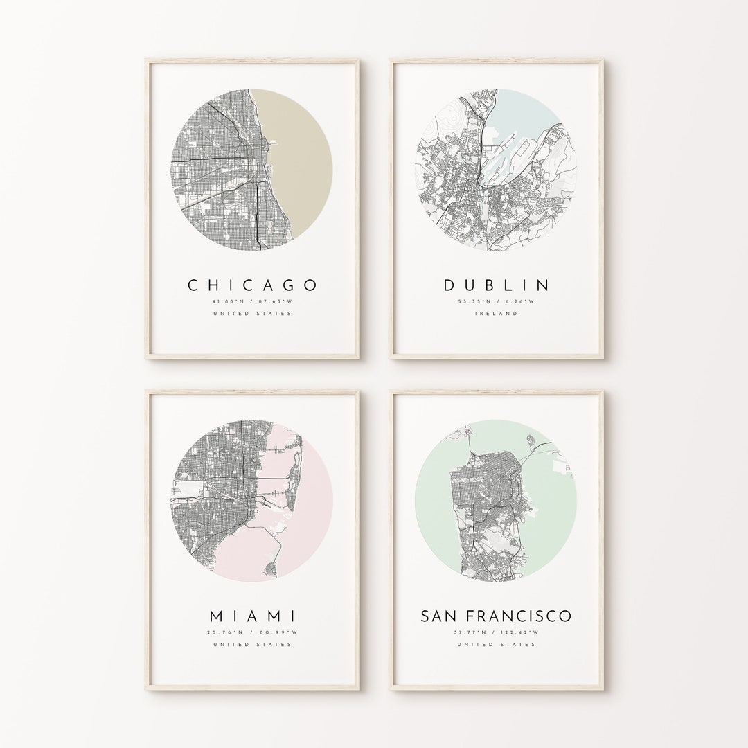 Personalized Map Print, Set of Four, Map Prints, Custom Locations, City ...