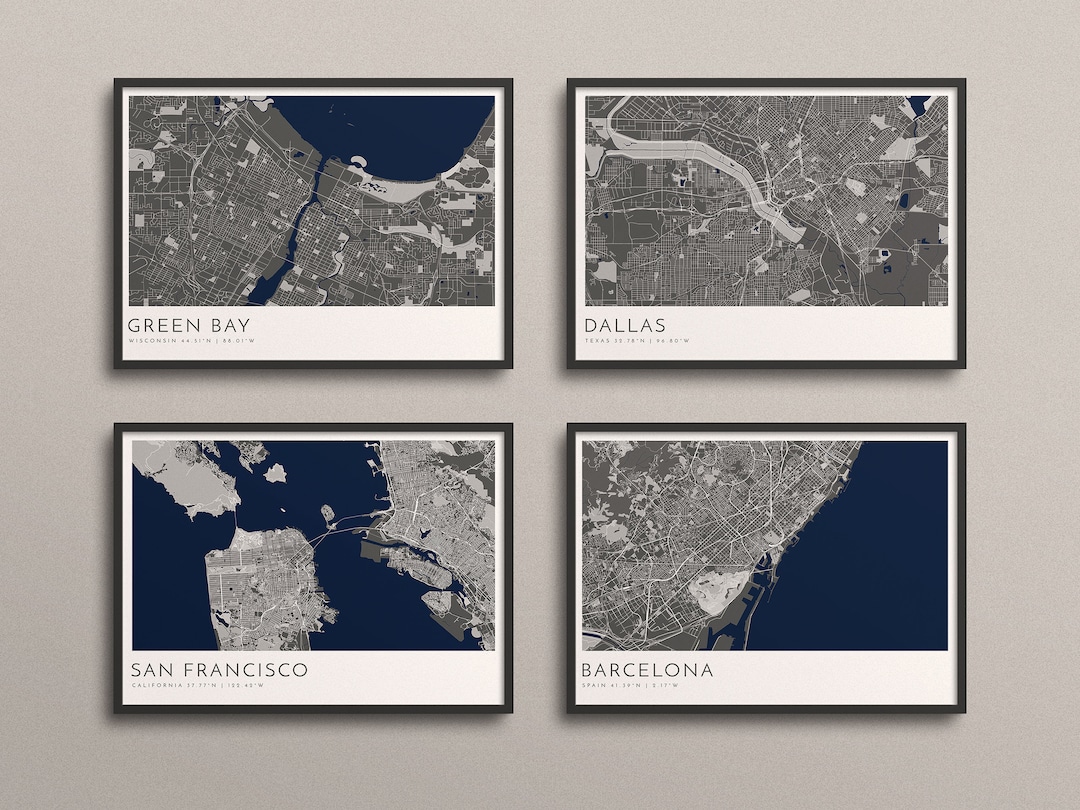 Personalized Map Print, Set of Four, Map Prints, Custom Locations, City ...