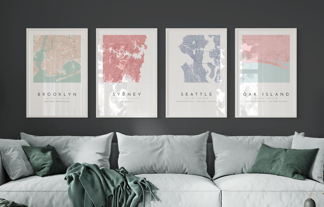 Personalized Map Print, Set of Four, Map Prints, Custom Locations, City ...