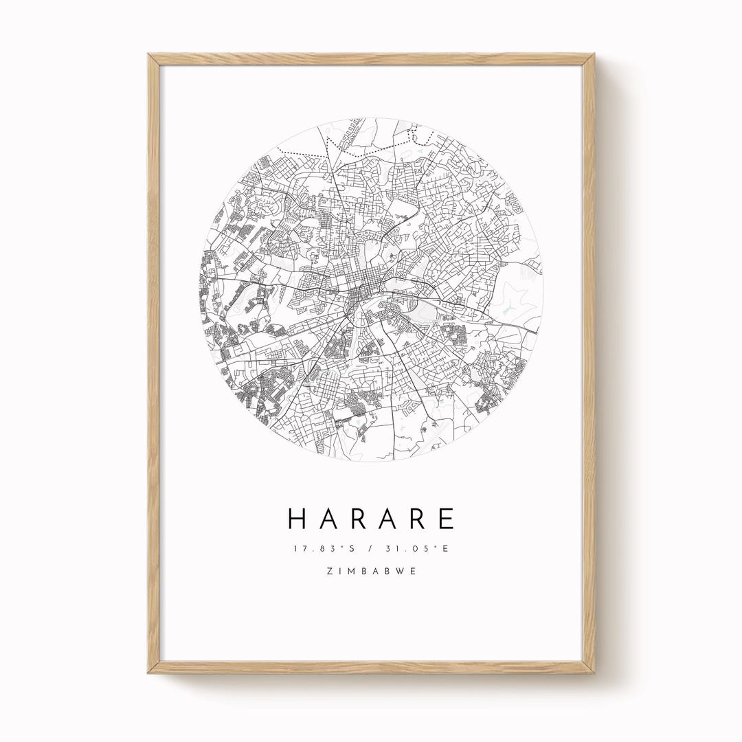 Harare City Map Print, Minimalist Design, Blue Grey Tones (multiple ...